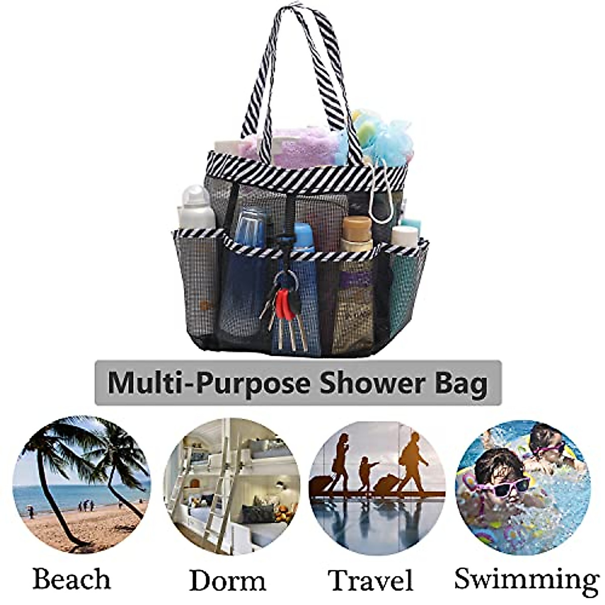 Mesh Shower Caddy Portable for College Dorm Room Essentials, Hanging Collapsible Large Shower Tote Bag Basket Toiletry Organizer with Key Hook for Bathroom Accessories