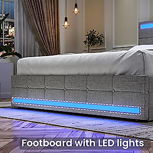 ADORNEVE Queen Bed Frame with LED Lights Headboard Footboard, Platform Bed Frame with 4 Drawers and 2 USB Charging Station, LED Bed Frame with Storage, No Box Spring Needed, Light Grey