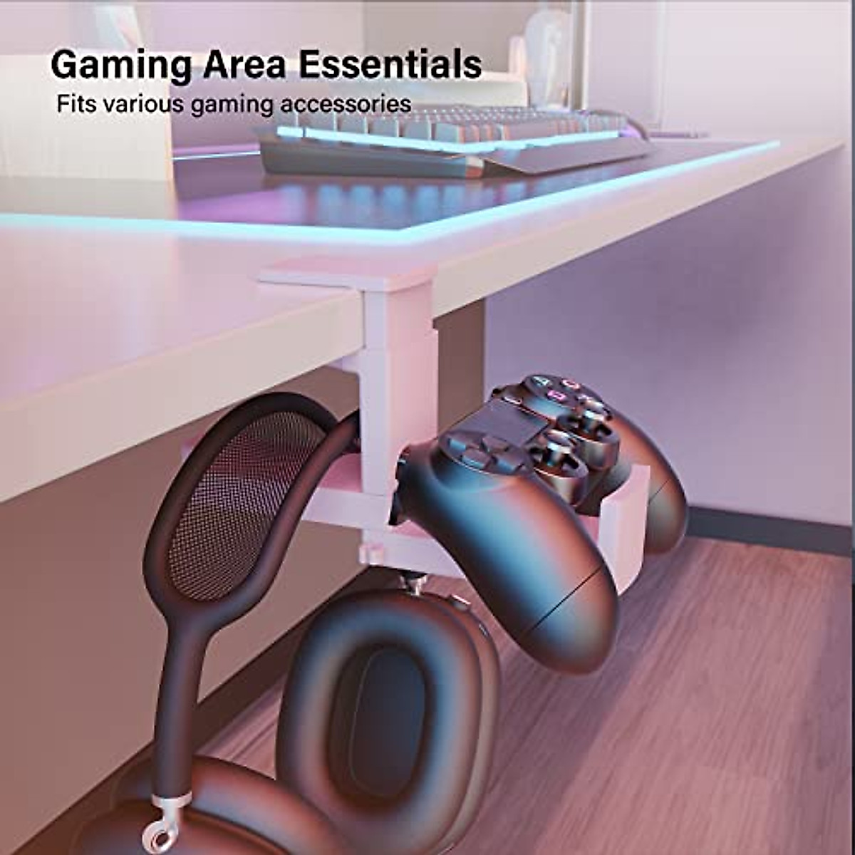 Dual Headphone Stand Holder - EURPMASK 2 in 1 PC Gaming Headset Hooks, 360 Degree Rotating Headphone Hanger with Adjustable Clamp & Cable Clip Organizer, Headset Mount Under Desk Earphone Clamp-Pink