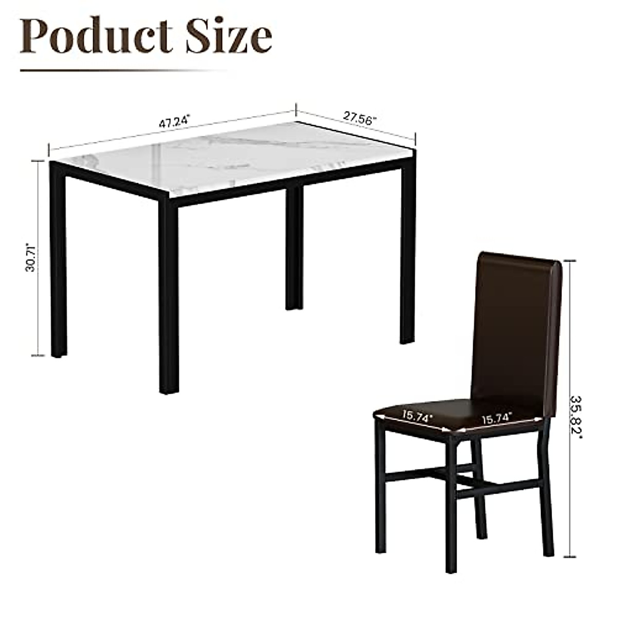 AWQM Dining Table Set for 4, Modern Kitchen Table and Chairs Set, Faux Marble Tabletop and 4 PU Leather Upholstered Chairs Dining Set for Living Room, Kitchen, Dining, Compact Space - White