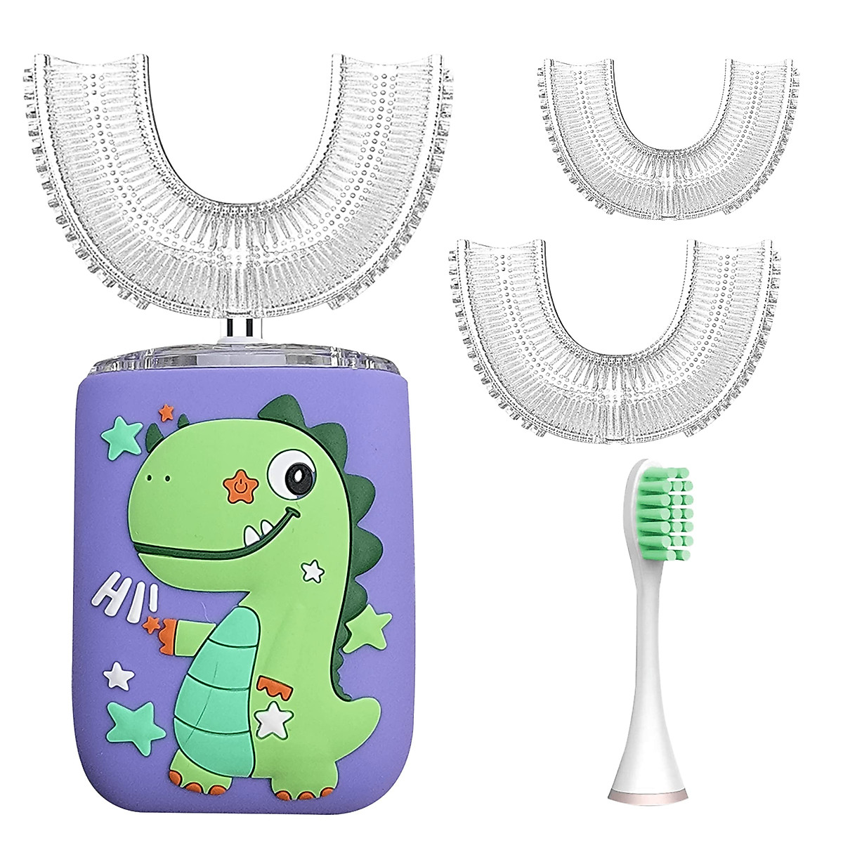 BubblezKidz – Kids Electric Toothbrush – U Shaped Dinosaur Cartoon – Ultra Sonic 6 brush Cleaning Modes w/ Smart Timer – Ages 2-18 Years Old – IPX7 Waterproof, Rechargeable, With Stickers (Dinosaur)