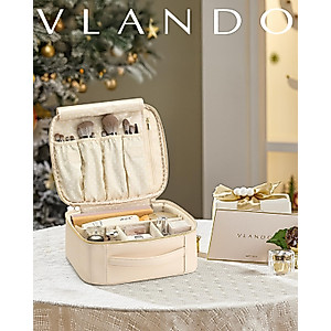 Vlando Travel Makeup Bag, Makeup Bag Organizer,Gift Ideas for Women Girls,Makeup Storgae Bag with Dividers and Handle,Gifts for Christmas,Birthday,Wedding Beige