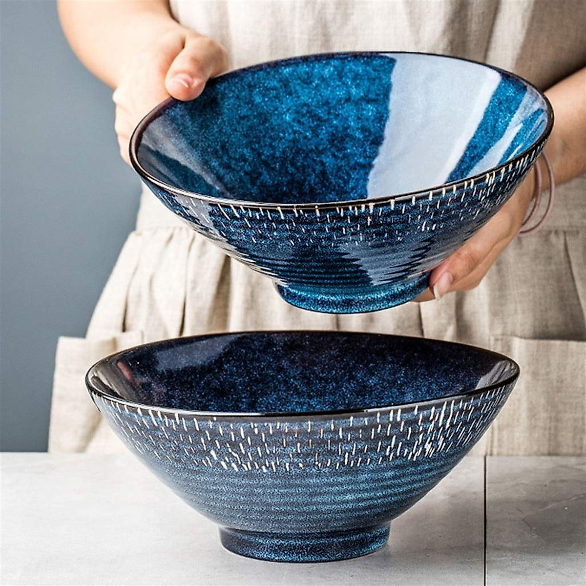Threaded BowL 8" Ceramic Soup Bowl Ramen Bowl, Blue Thread Rice Bowl, Large Fruit Salad Bowl, Kitchen Tableware Cereal Bowl (Color : Blue2, Size : 8")