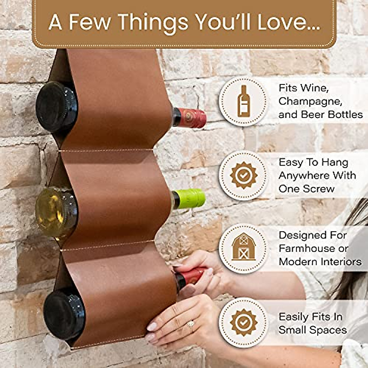 WALBROOK Wall Wine Rack - Leather Wine Rack, Hanging Wine Rack for 6 Bottles, Wine Gifts for Wine Lovers, Wall Mounted Wine Rack and Leather Wine Bottle Holder