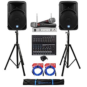 Rockville RPG15BT V2 15" Powered 1000W Speaker Bundle with & RCXMB20B 20' XLR to 1/4'' TRS Cable & (2) Speaker Stands & Rockville RWM1202VH Handheld Microphone & Mackie Mix12FX Compact Mixer (5 Item)