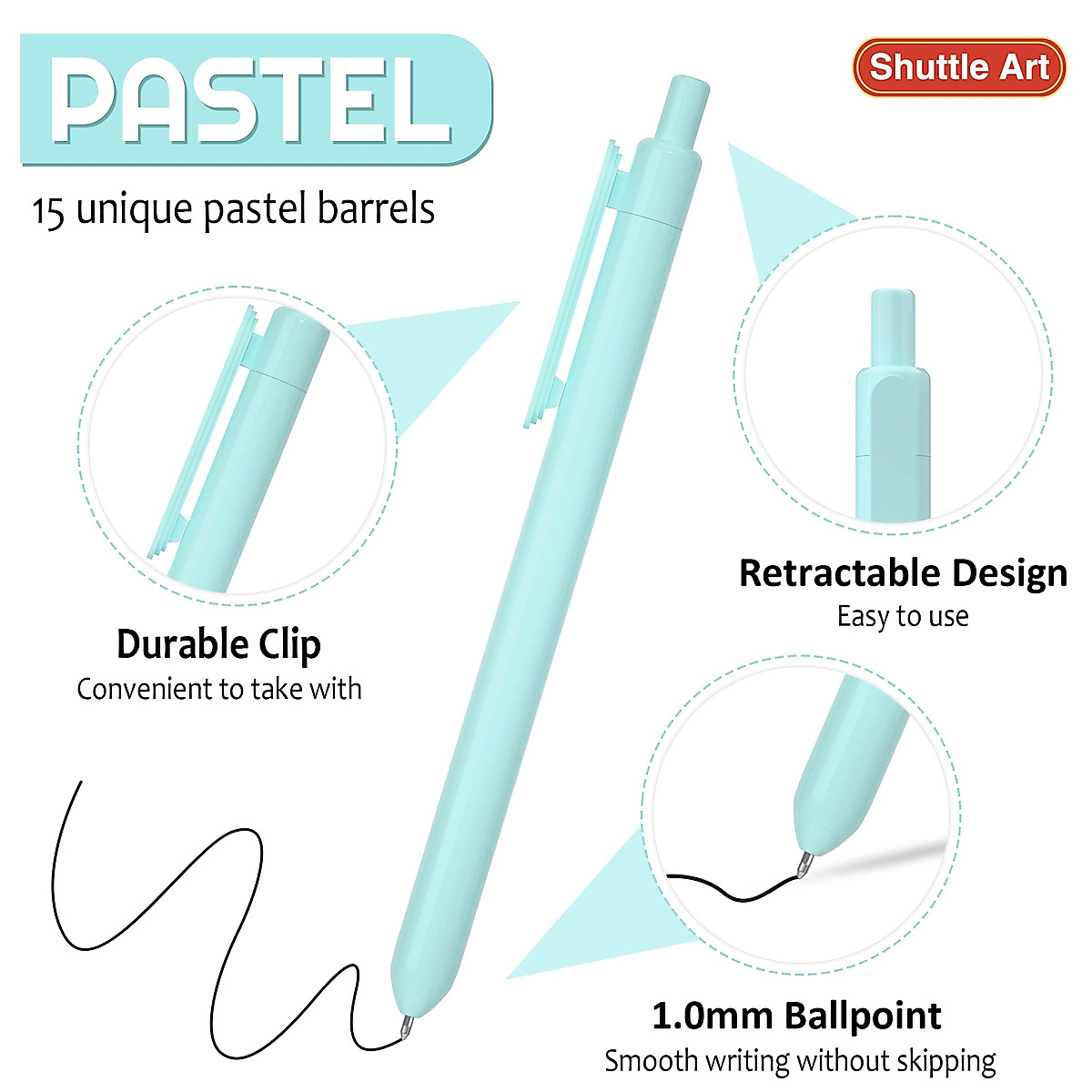 Shuttle Art Ballpoint Pens, 15 Pack Pastel Retractable Black Ink Ball Point Pens, Cute Pens 1.0mm Medium Point Quick Drying for Writing Journaling Taking Notes School Office Home