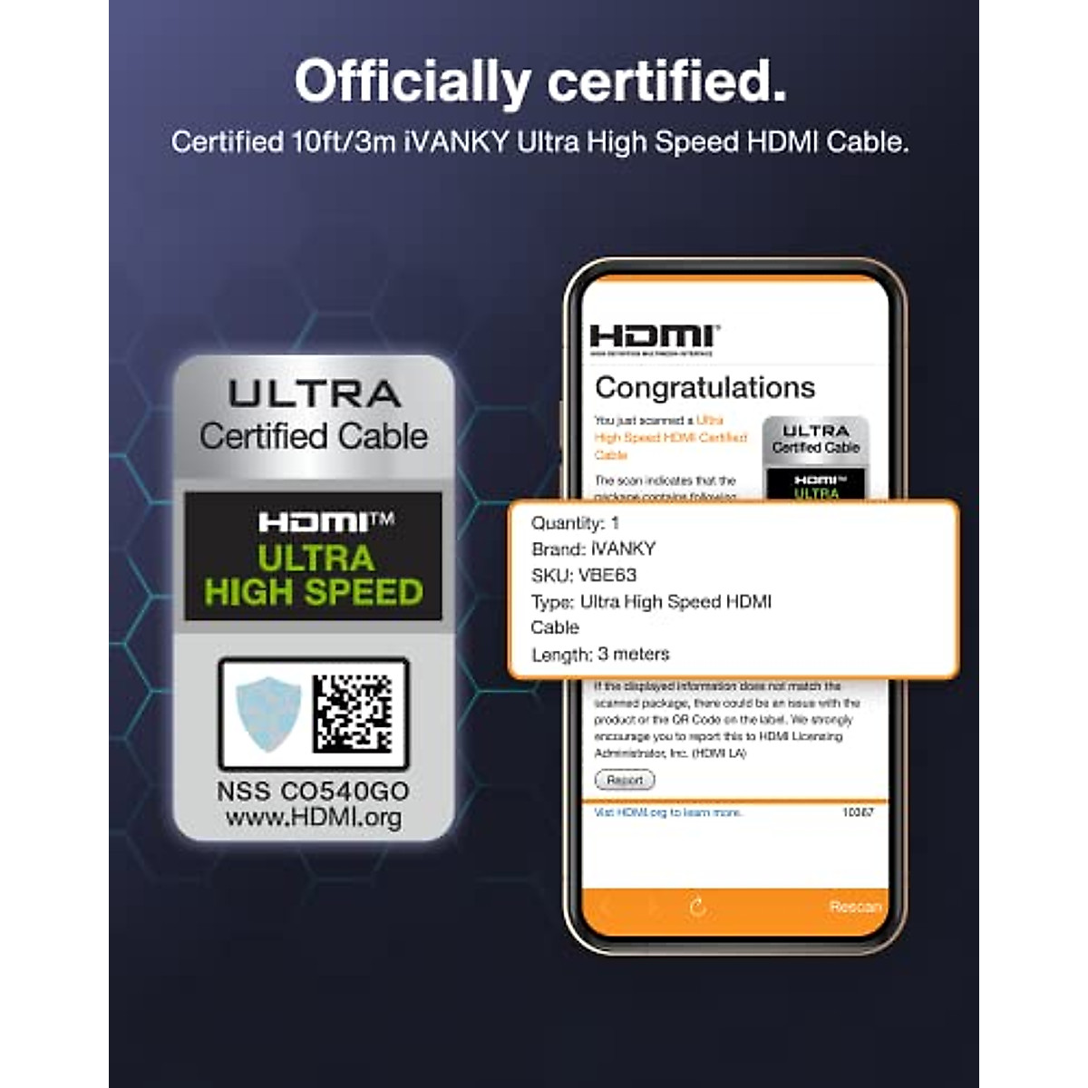 IVANKY 8K HDMI 2.1 Cable 10FT/3M, Certified High Speed HDMI 2.1 Cable, 4K@120Hz 8K@60Hz 48Gbps 144Hz, 7680P, DTS:X, eARC, HDR, for Roku TV/PS4 5/Xbox Series X