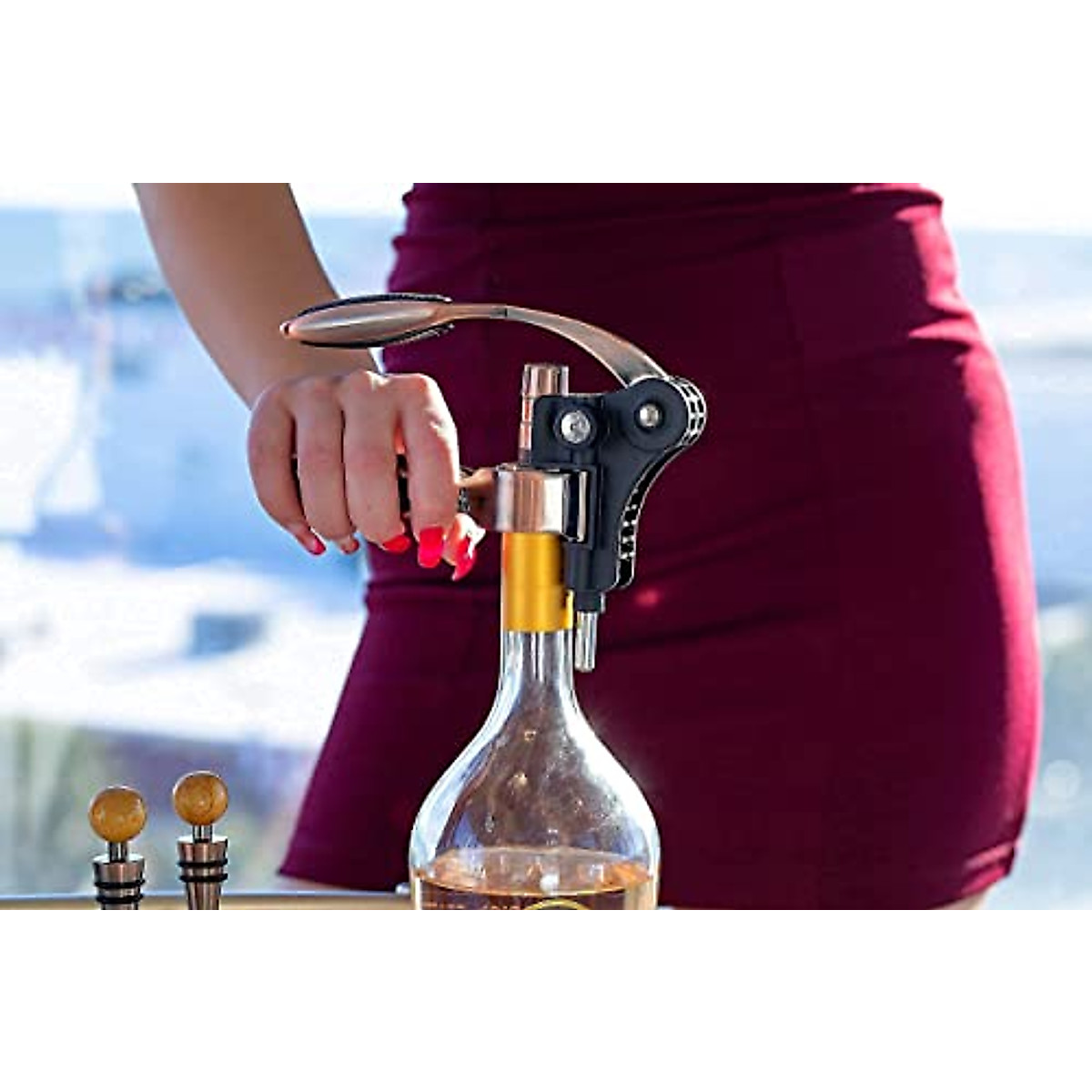 Wine Opener Set with Wooden Stand "NOBLESIP" [2023 Upgraded] 6 Pcs Kit: Foil Cutter, 2 Bottle Stoppers, Extra Corkscrew, Base & Designer Gift Box. Connoisseur Choice, Easily Removes all Corks (Bronze)