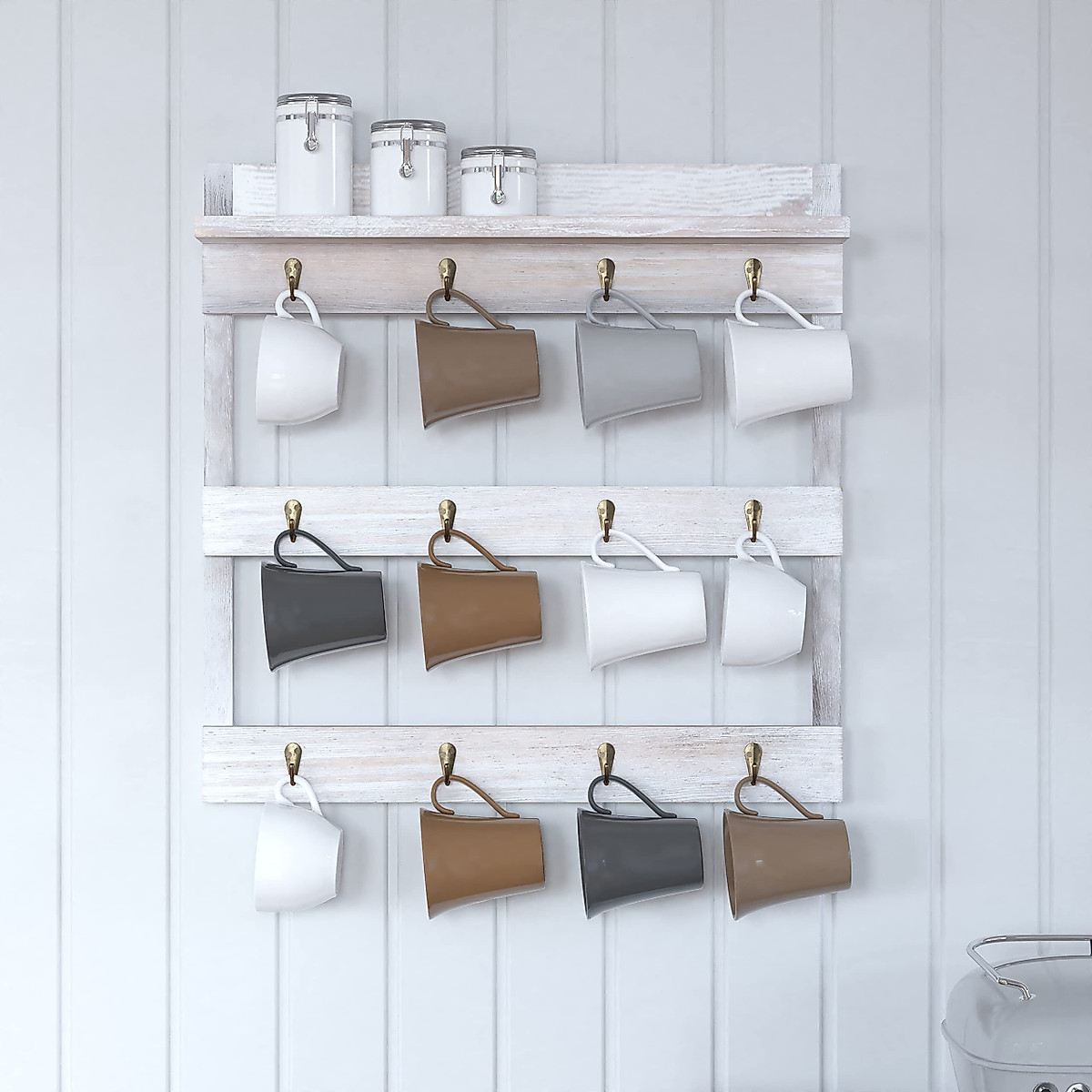 Merrick Lane Steeley Wooden Wall Mount 12 Cup Mug Rack Organizer with Upper Storage Shelf and Metal Hanging Hooks with No Assembly Required, Whitewashed