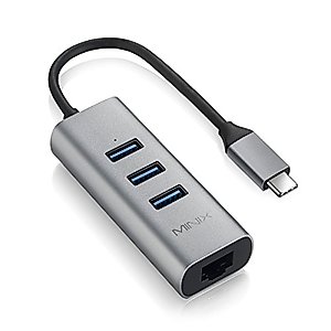 MINIX NEO-C-UEGR, Aluminium USB-C to 3-Port USB 3.0 and Gigabit Ethernet Adapter - for Windows, Mac and Chrome OS, Grey