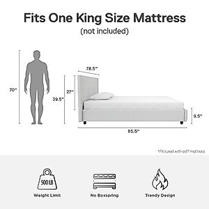 DHP Dakota Upholstered Platform Bed with Diamond Button Tufted Headboard and Footboard, No Box Spring Needed, King, White Faux Leather