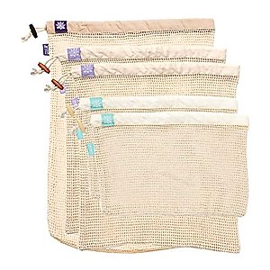 Lotus Sustainables Premium 100% Organic Cotton Reusable Produce Bags | Eco-Friendly Mesh Produce Bags For Groceries | Machine Washable Vegetable/Fruit Bag | Set of 5