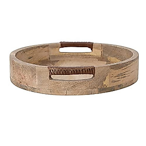Creative Co-Op Mango Wood Tray with Leather Wrapped Handles, Natural Serveware, 16" L x 16" W x 3" H