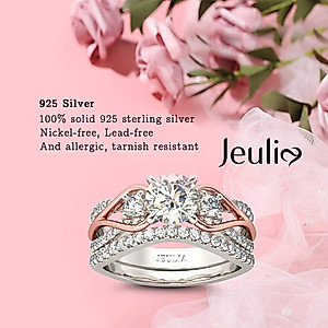 Jeulia Two Tone Rings for Women Rose Gold Three Stone Round Cut Engagement Rings Sterling Silver Halo Bridal Ring Set Anniversary Promise Wedding Ring with Jewelry Gift Box (7)