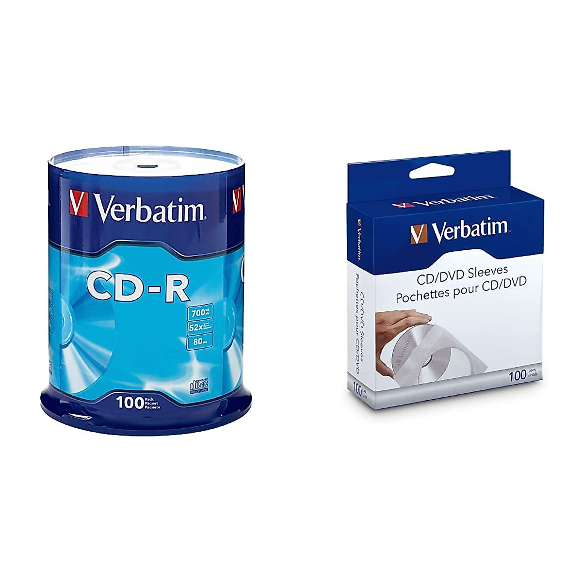 Verbatim CD-R Blank Discs 700MB 80 Minutes 52X Recordable Disc for Data and Music - 100pk Spindle,Silver and Verbatim CD/DVD Paper Sleeves-with Clear Window 100pk