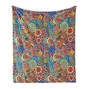 Lunarable East Throw Blanket, Colorful Paisley Floral Pattern Classical Ornamental Medieval Art, Flannel Fleece Accent Piece Soft Couch Cover for Adults, 70" x 90", Multicolor