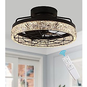 Q&S Modern Ceiling Fan with Lights,Low Profile Enclose Black Cage Semi Flush Mount Crystal Ceiling Fans with Remote 6 Speeds 3 Colors Dimmable LED Light Fixture for Bedroom Living Room Gym 18.9"