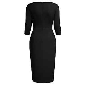 AISIZE Women's Retro 3/4 Sleeve Ruched Elegant Business Pencil Sheath Dress Black