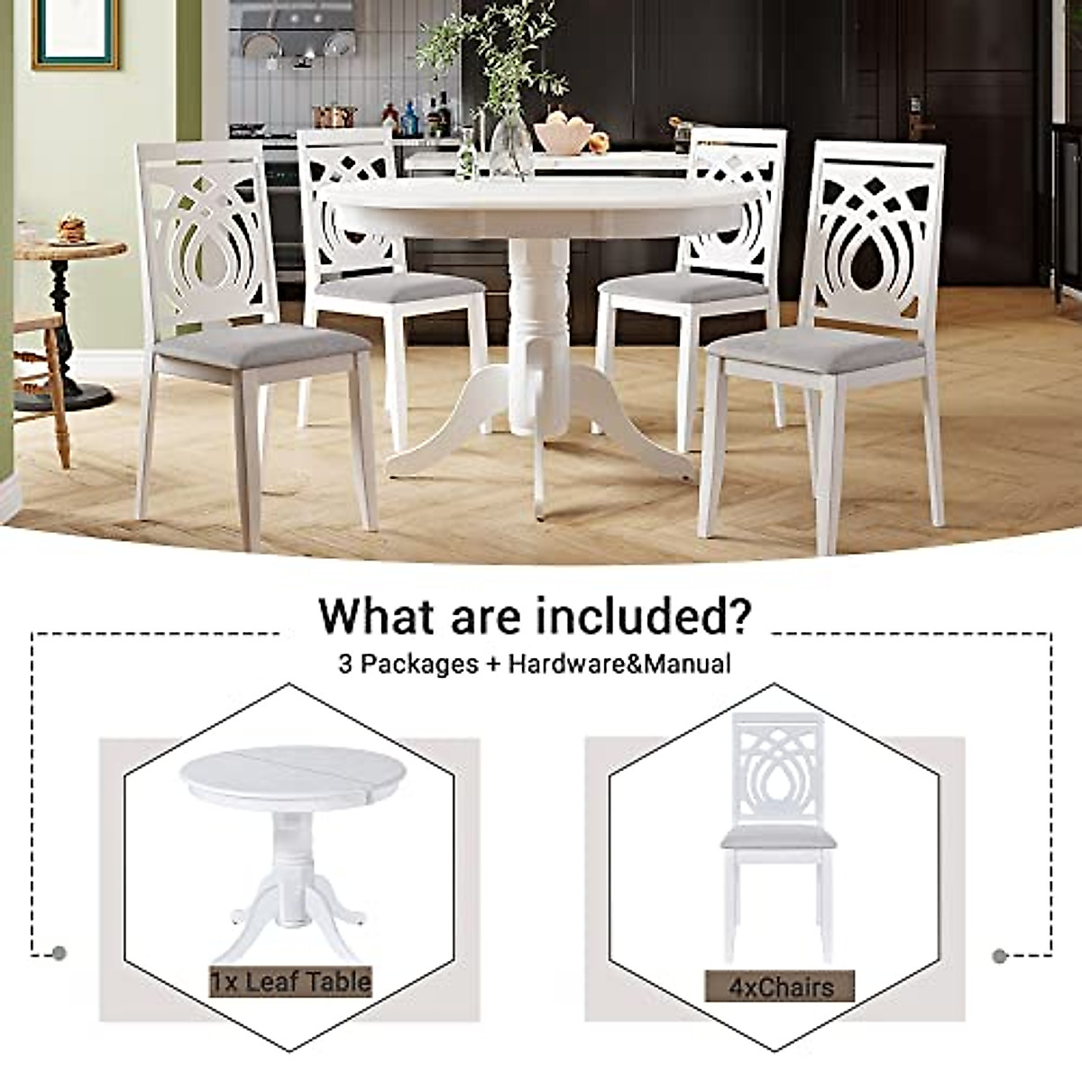 Harper & Bright Designs 5-Piece Mid-Century Dining Table Set, Solid Wood Extendable Round Dining Table with 4 Upholstered Chairs, Dining Room Kitchen Table Chairs Set, White