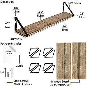Wallniture Ponza Wood Floating Shelves for Wall, Rustic Wall Shelves for Living Room, 24" Bookshelf and DVD Storage Shelf Set of 4, Natural Burned
