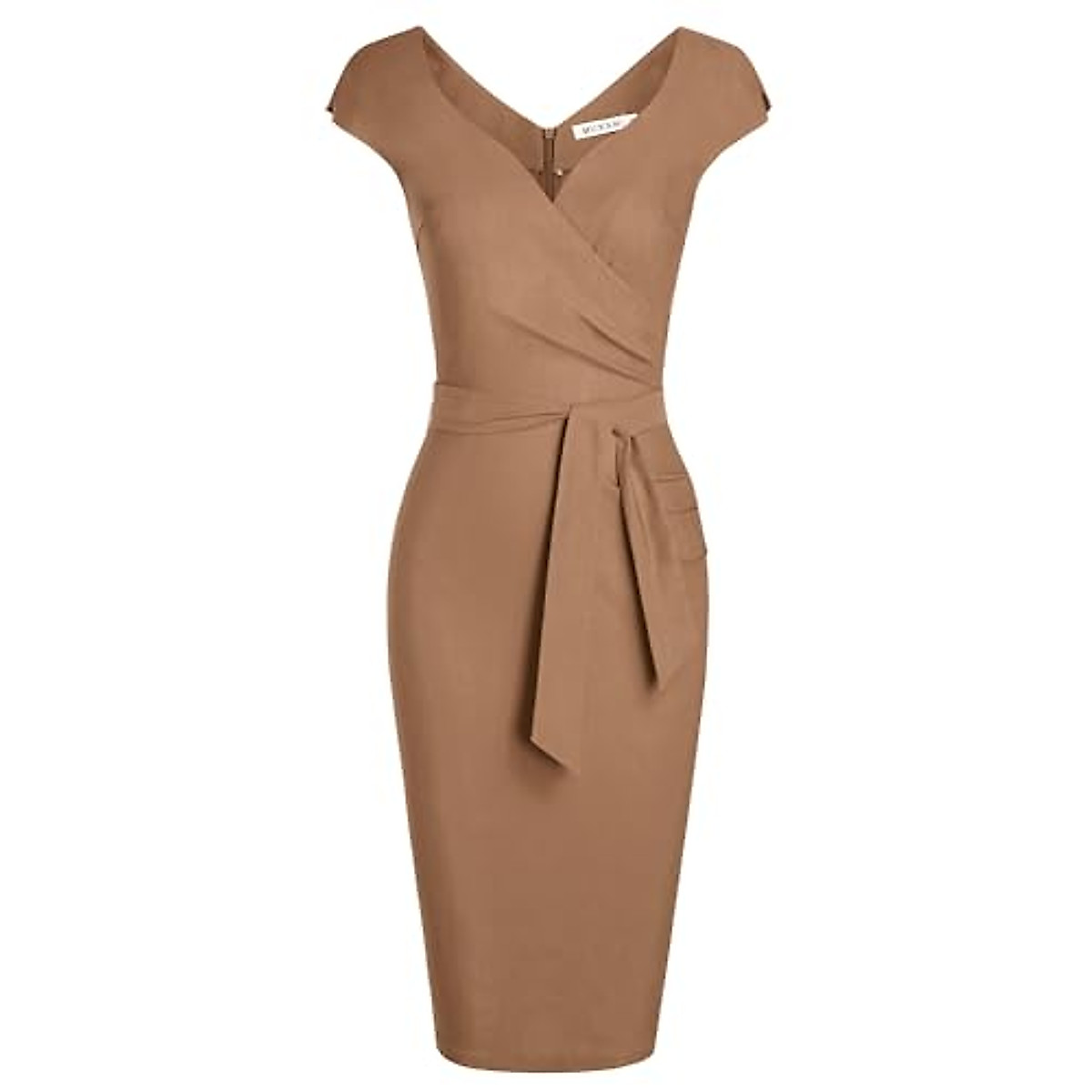 MUXXN Lady Summer Cut Out Neck Bowknot Tie Stretch Wear to Work Midi Dress (Camel XL)