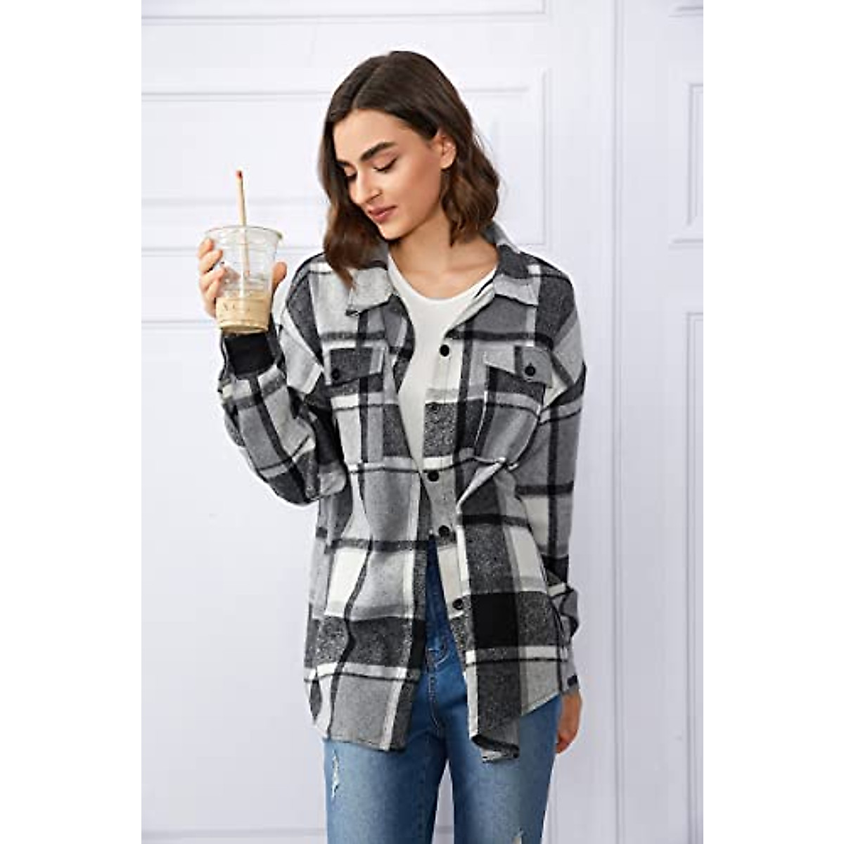 AUTOMET Womens Casual Plaid Shacket Wool Blend Button Down Long Sleeve Shirt Fall Jacket Shackets