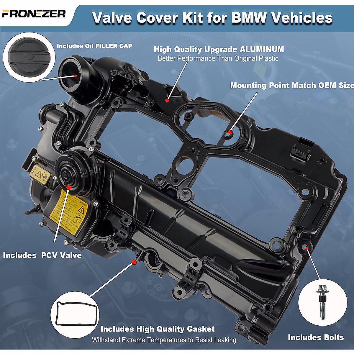 Upgrade Black Aluminum N20 Engine Valve Cover Kit with Gasket, Bolts & Oil Cap Compatible with 2012-2018 BMW 228i 320i 328i 328i GT xDrive 428i 528i X1 X3 X4 X5 Z4 2.0L Replaces 11127588412 264-517