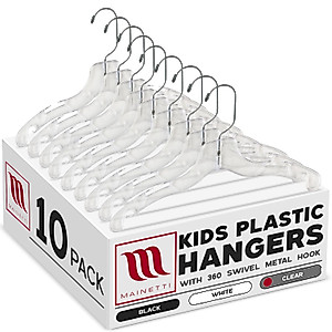Mainetti 5075 Clear Plastic Hangers - 10 Pack with 360 Swivel Metal Hook and Notches for Straps, Great for Children's Shirts/Tops/Dresses, 12 Inch