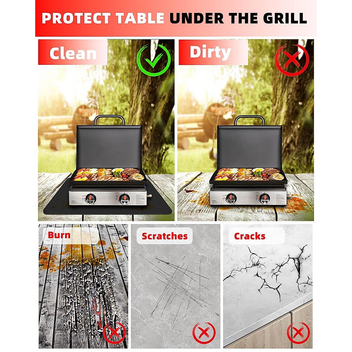 TOHONFOO 24" x 31" Grill Mat Fireproof for Outdoor Grill Protecting Prep Barbecue Table - Heat Resistant BBQ Tabletop Grilling Griddle Pad, Easy to Clean & Storage - Waterproof & Foldable, 1.2mm