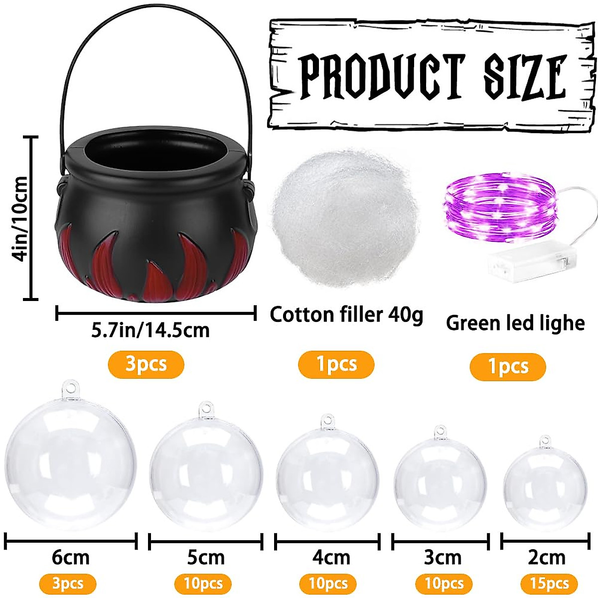 YUJUN 3 Packs Halloween DIY Bubbling Cauldron Bowl Decorations with Transparent Spheres Black Plastic Witch Jar Kettle Party Decoration Vintage Spooky for Halloween Indoor Home Table Decor Supplies