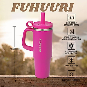 FUHUURI 40oz Stainless Steel Tumbler with Handle,Straw Lid,Double Wall Insulated, Keep Drinks Cold or Hot,Cupholder Friendly (Rose red)