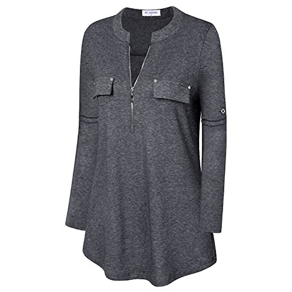 Bulotus Women's Zip Front Long Sleeve Loose Fit Tunic Blouse Casual Top,Grey,Large