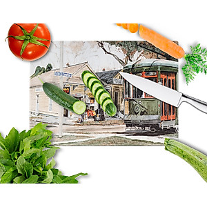 Caroline's Treasures 8108LCB New Orleans Street Car Glass Cutting Board Large Decorative Tempered Glass Kitchen Cutting and Serving Board Large Size Chopping Board