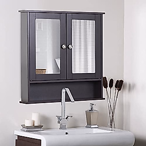 Sophia & William Mirrored Medicine Cabinet, Bathroom Wall Mounted Storage Cabinet with Double Mirror Doors and Adjustable Shelf, Coffee