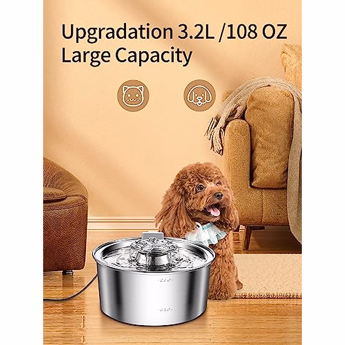 Cat Water Fountain,Stainless Steel 3.2L Automatic Circulating Pet Water Fountain,Ultra-Quiet Pump with LED Light,Dishwasher Safe,Suitable for Puppy and Cat Fountain (Cat Fountain 3.2L)