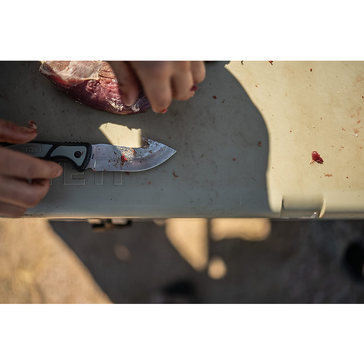 Old Timer Trail Boss 9in Fixed Blade Gut Hook Knife with High Carbon Stainless Steel Blade, TPE Grip Handle, and Custom Molded Sheath for Hunting, Field Dressing, Skinning, Gutting, and Outdoors