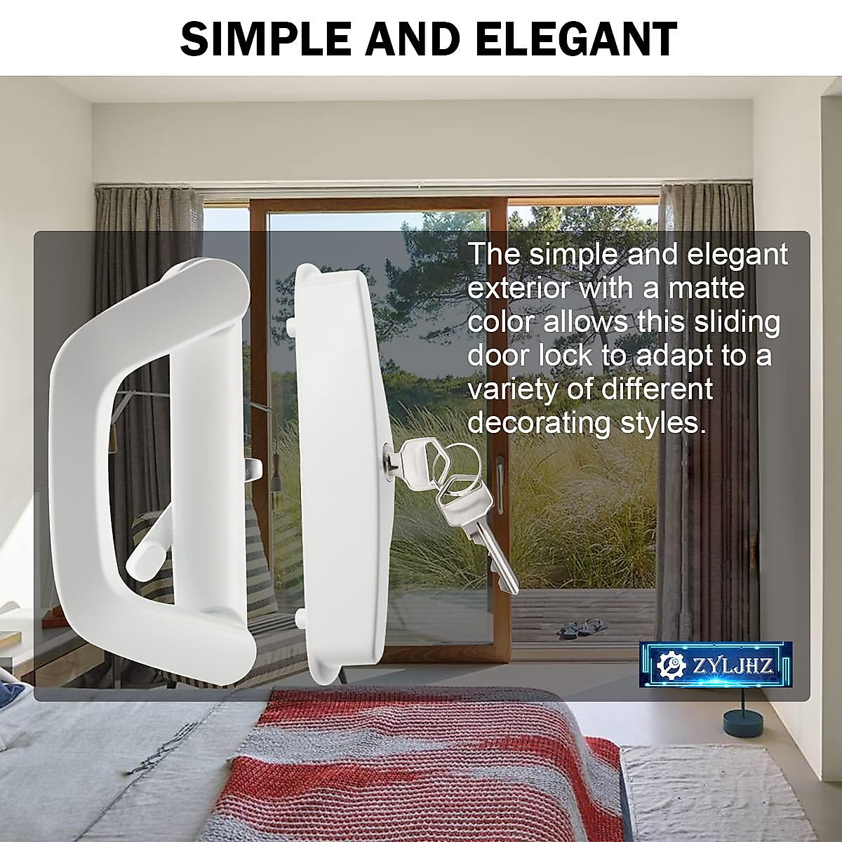 Sliding Patio Door Handle Set with Key and Mortise Lock ,(White ) Replacement Glass Sliding Door Lock Thickness from 0.75in to 1.4in, 4-15/16" Screw Hole Spacing，Reversible Design，Keyed，Lock Outside