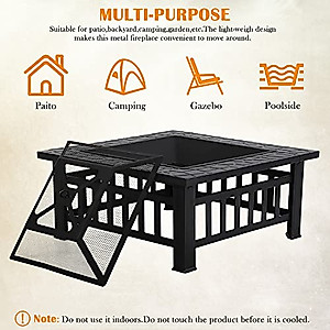 Outdoor Fire Pit 32 Inch Square Metal Firepit with Charcoal Rack& Spark Screen, Heavy Duty 3 in 1 Fireplace Backyard Patio Garden Stove for Camping, Outdoor Heating, Bonfire and Picnic