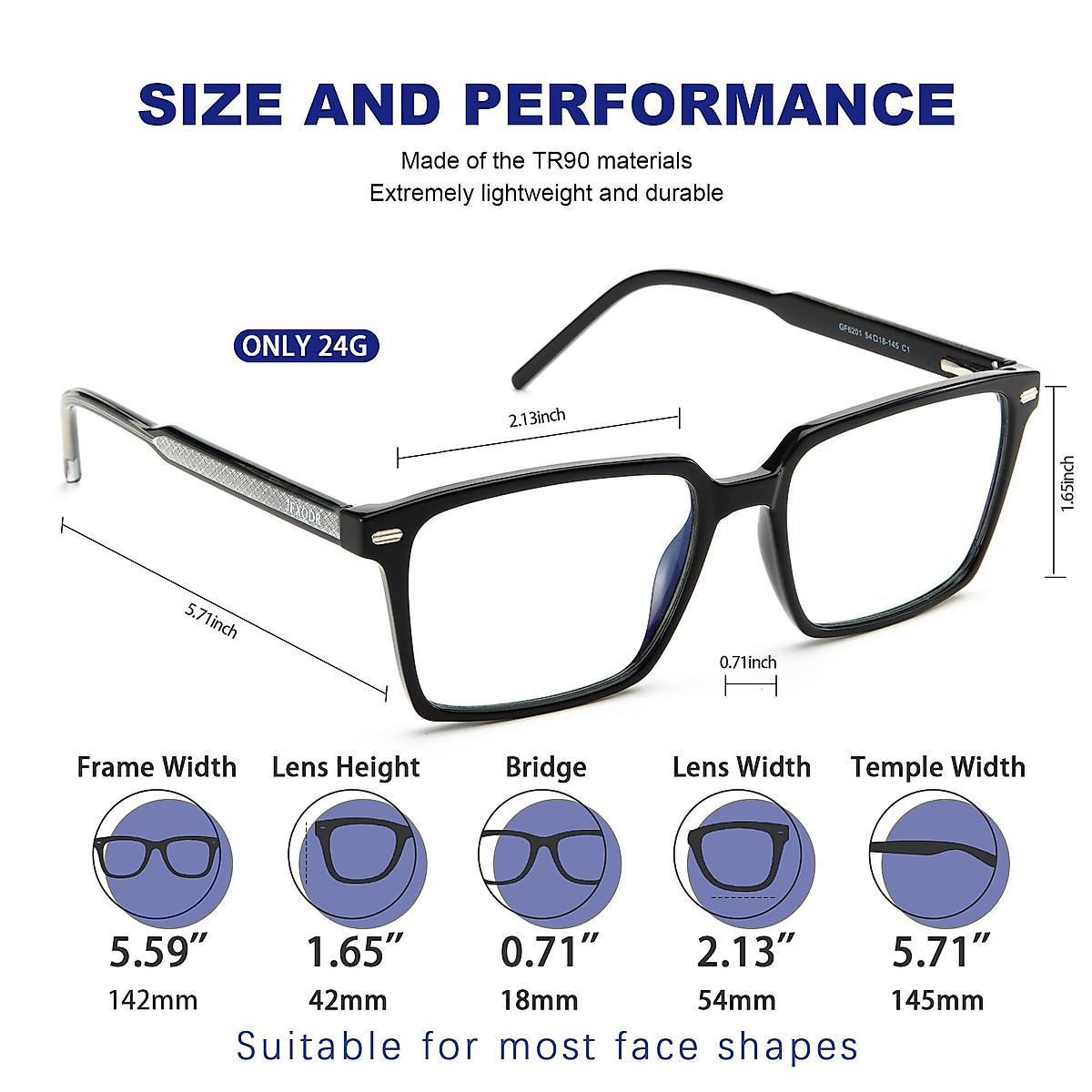 JFXQDR Men's Blue Light Blocking Glasses, Fake Square Computer Screen Eyeglasses Anti Eyestrain & UV Glare RF6201 (Bright Black Frame Gun Temple)