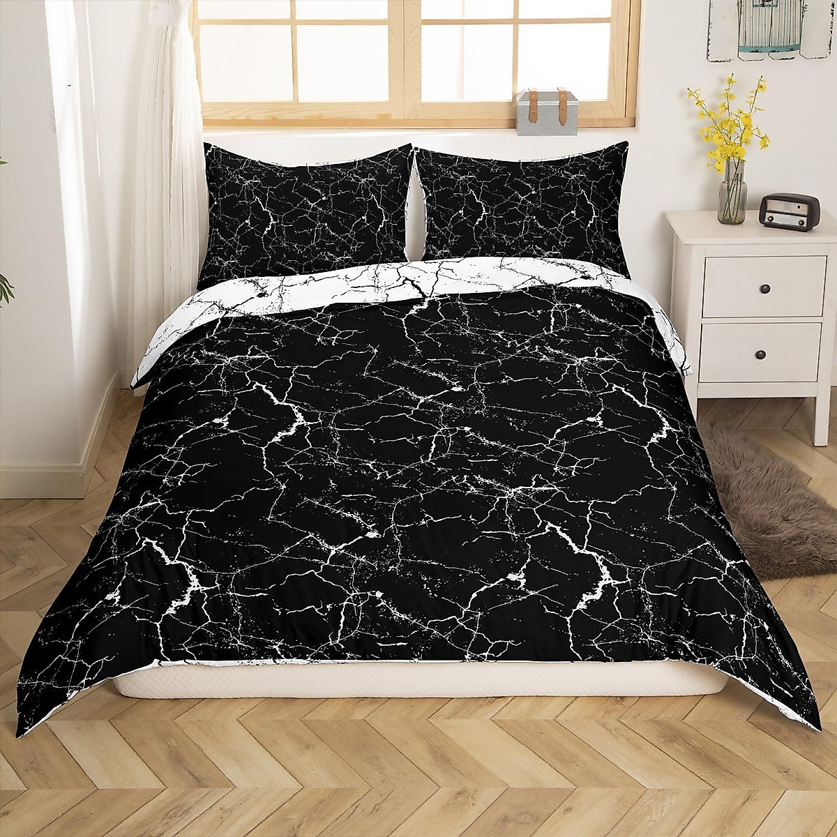 Black Marble Duvet Cover Queen Reversible White Marble Bedding Set 3 Pcs Black and White Marble Texture Printed Comforter Cover, Ultra Soft Microfiber Bed Quilt Modern Style for Men and Women
