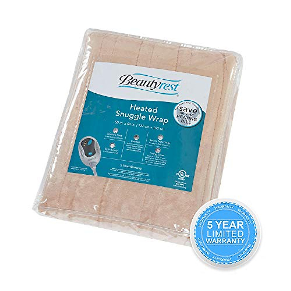 Beautyrest Reversible Sherpa to Fleece Electric Wrap Poncho Blanket Shawl Wearable, Auto Shut Off, Virtually Zero EMF, Multi Heat Setting, UL Certified, Machine Washable, Tan 50" x 64"