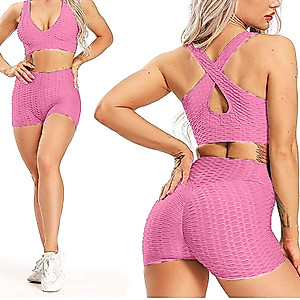 White for Women 2 Piece Womens Workout Biker Shorts High Waisted Tummy Control Stretch Skinny Shorts Gym Brazilian Textured Hot Shorts(Pink+Green,Large)