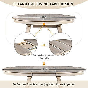 P PURLOVE Extendable Dining Table Set for 4 Persons, 5 Piece Round Dining Table Set with Extendable Dining Table and 4 Upholstered Dining Chairs for Kitchen Dining Room