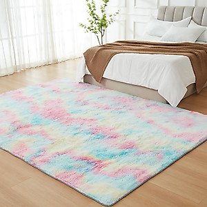 JKMAX Fluffy Shag Rugs for Living Room，Tie-Dyed Rainbow Soft Plush Fuzzy 7x10 Area Rugs for Bedroom Nursery Girls Boys Room Kids Room Decor，Upgrade Anti-Skid Large Carpet for Home Decor Aesthetic