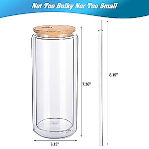 YOUKE OLA 4 Pack Double Wall Glass Cans Blank with Bamboo Lid & Straws, Pre Drilled Beer Can Glass for Snow Globe glitter (Clear 16oz