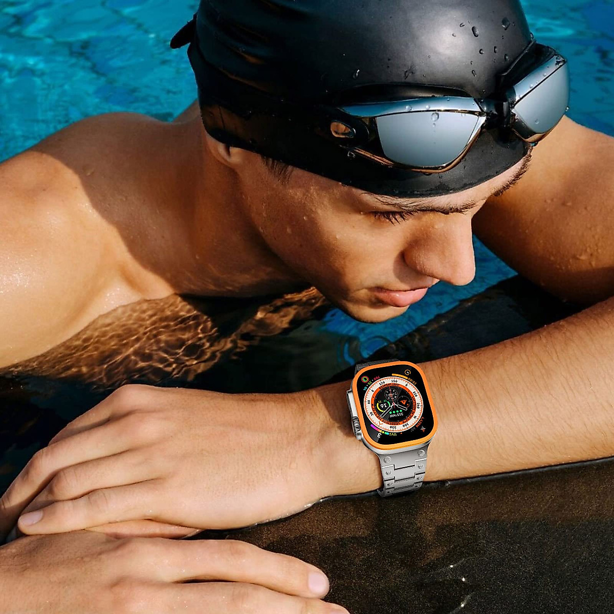 WINGLE 2-Pack for Apple Watch Ultra Screen Protector 49mm Case, 9H Tempered Glass + Titanium Alloy Frame [Keep Original] [Sensitive Touch] Protective Glass Film for iWatch Ultra,Original + Orange