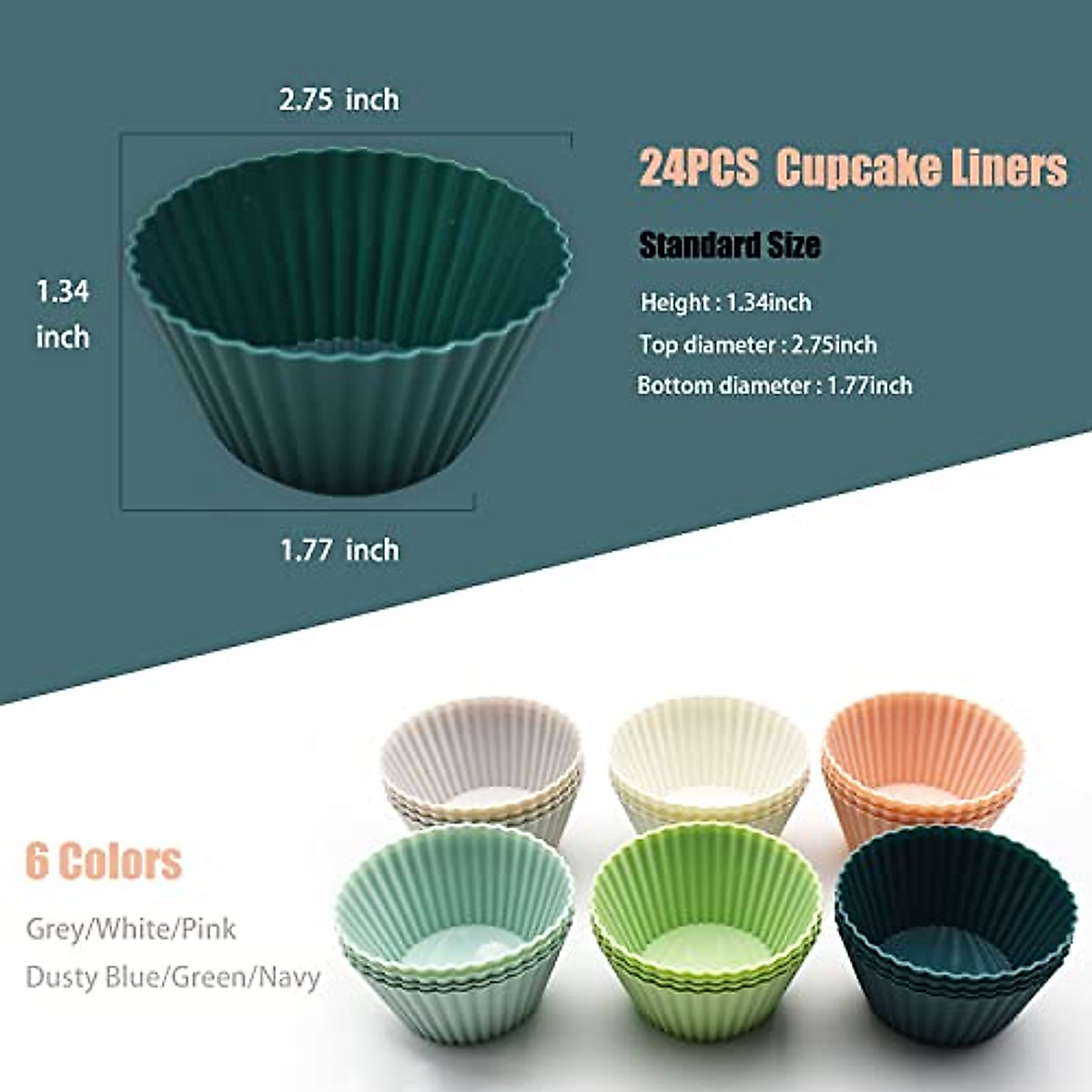 Reusable Silicone Cupcake Baking Cups 24 Pack, 2.75 inch Silicone Baking Cups, Non-stick Muffin Cupcake Liners for Party Halloween Christmas, Easy Clean Pastry Muffin Molds（Multicolor）