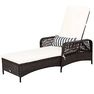 RELAX4LIFE Patio PE Rattan Chaise Lounge, Outdoor Recliner with Thick Cushion, Lumbar Pillow, 6-Gear Adjustable Backrest & Non-Slip Foot Pads, Sunbathing Lounger, Yard Wicker Couch Chair, White