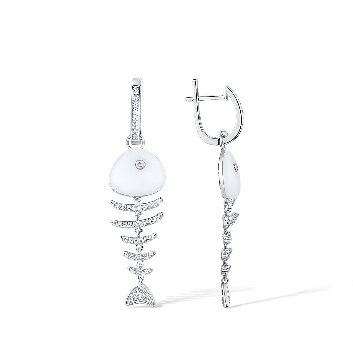 Santuzza 925 Sterling Silver Fishbone Earrings Cubic Zirconia Ceramic Fish Skeleton Dangle Earrings