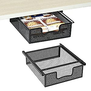 2 Pack Hanging Pullout Drawer Basket, Sliding Under Storage Organizer, Under Shelf Baskets Under Cabinet Organizer Shelf Under Desk for Kitchen Pantry Cabinet, Attaches to Shelving, Black